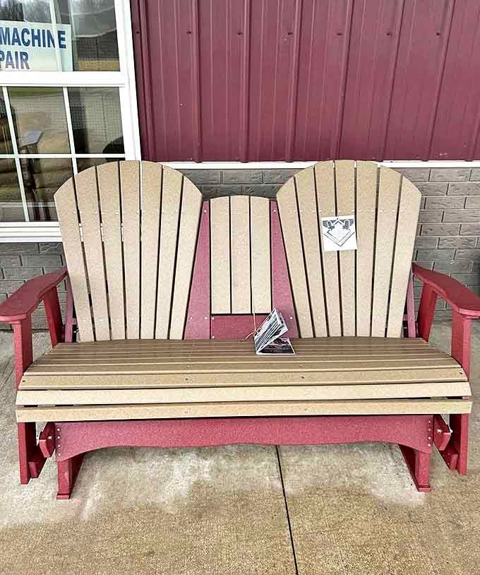 The outdoor bench invites visitors to savor their treats while watching small-town life unfold, crumbs optional but entirely understandable.