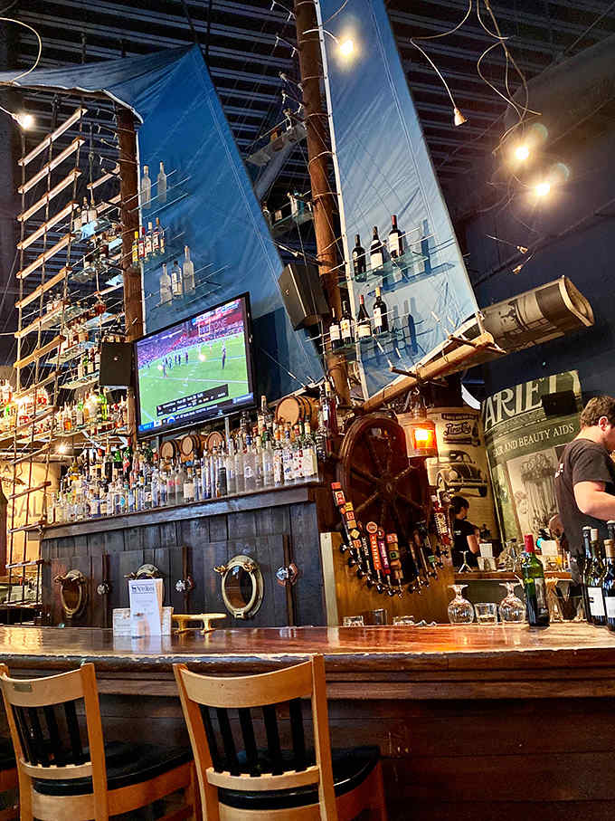 The bar's nautical theme continues with porthole windows and wooden accents &ndash; perhaps symbolizing how journalists navigate the choppy waters of reporting.