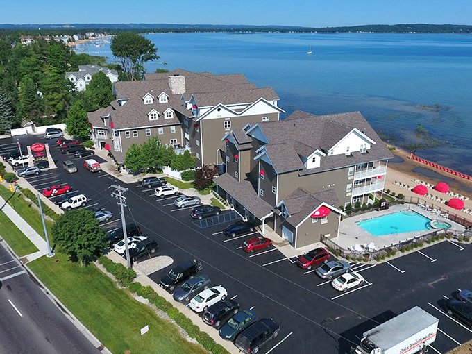 The bird's eye perspective reveals how perfectly the Cherry Tree Inn nestles between blue waters and green landscapes.