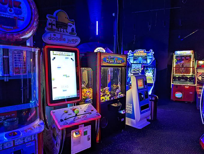 Classic arcade games take on new life under blacklights, creating a nostalgic experience that somehow feels both retro and futuristic.