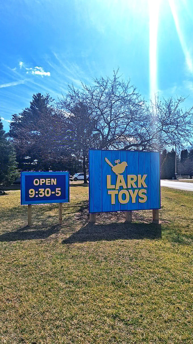The happiest hours in Minnesota! This cheerful blue sign promises a full day of wonder, no reservations required.