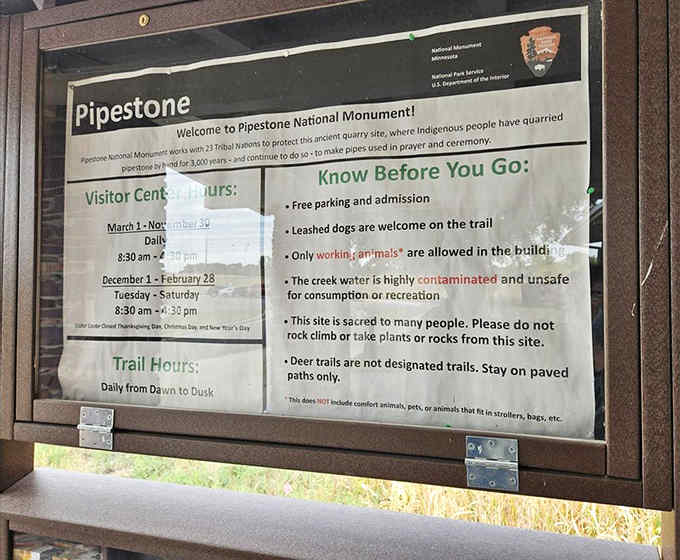 Important visitor information reminds us that Pipestone remains a sacred site, deserving respect while welcoming curious travelers.