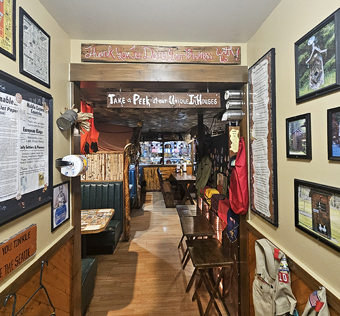 "Take a Peek at our Unique Bathrooms" &ndash; even the hallways at Foxfire Fixin's promise adventure around every corner.