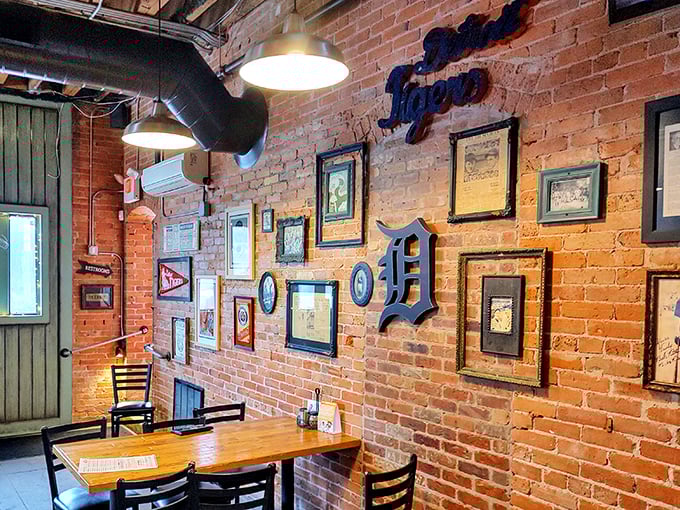 Detroit Tigers memorabilia transforms walls into a timeline of baseball history, giving you something to discuss between bites of exceptional pizza.