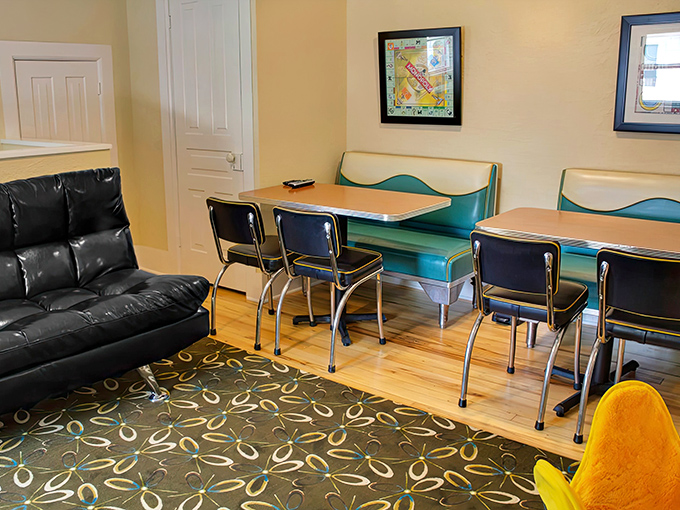 Retro diner booths and vintage-inspired furniture create the perfect setting for family game nights and nostalgic conversations.