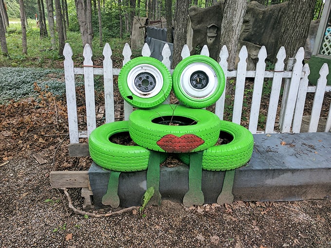 Recycling at its most creative&mdash;old tires transformed into a grinning green amphibian that's too charming to ribbit.