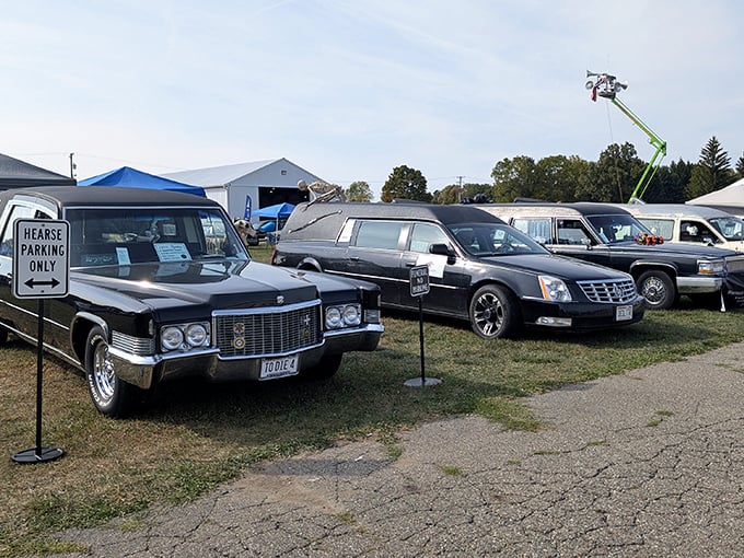 Hearses: "Hearse Parking Only" &ndash; where funeral coaches gather like old friends, sharing stories of their last rides and new beginnings.
