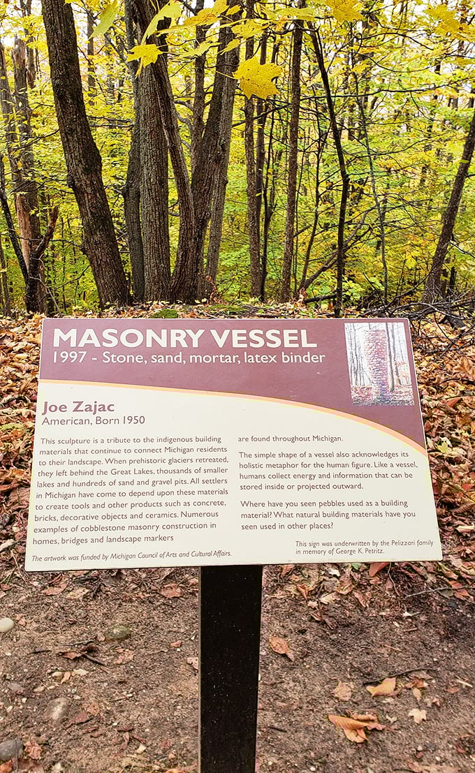 Informational plaques throughout the park provide context about the artworks, enhancing appreciation of both the art and Michigan's rich heritage.
