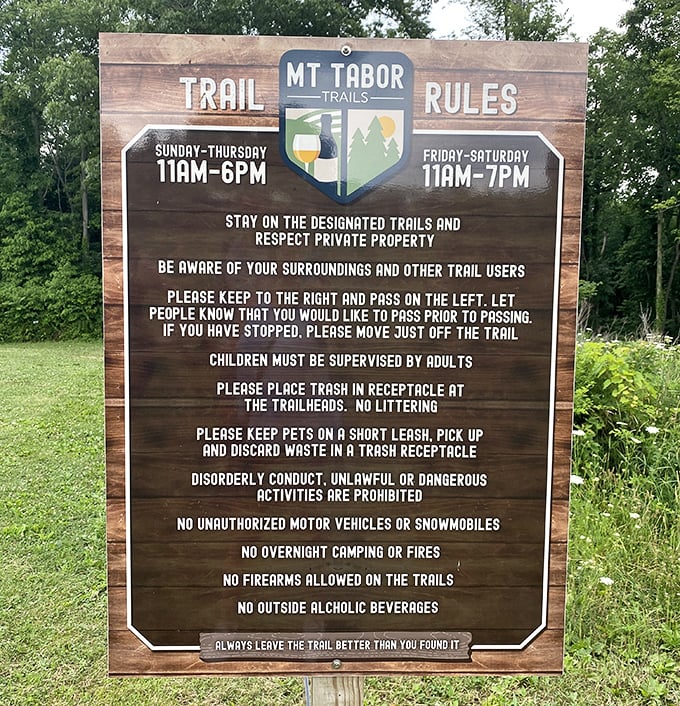 Trail rules remind visitors to respect this special place where nature and viticulture coexist, preserving the experience for future explorers.