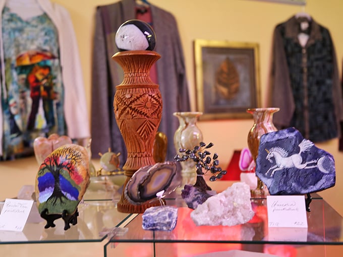 Crystals, pottery, and carved stones create a tactile wonderland that begs to be touched and explored with curious fingers.