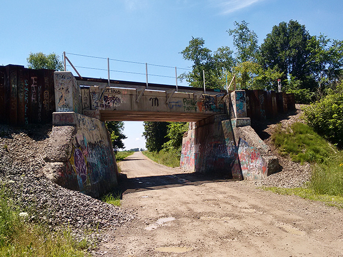 Summer sunlight reveals the full spectrum of colors that have accumulated over years of artistic contributions from anonymous visitors.