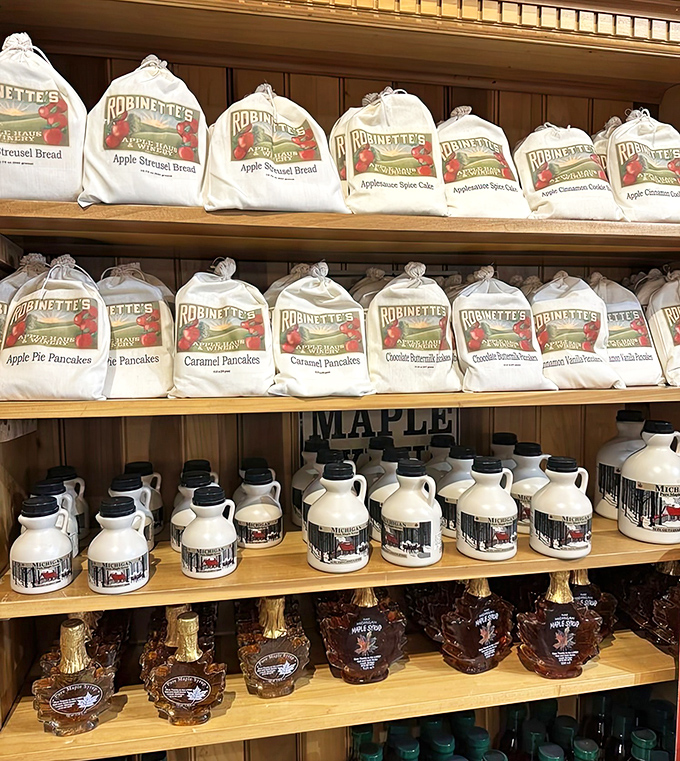 Shelves stocked with Michigan products mean you can take home a piece of the experience, though nothing beats eating fresh donuts on-site.