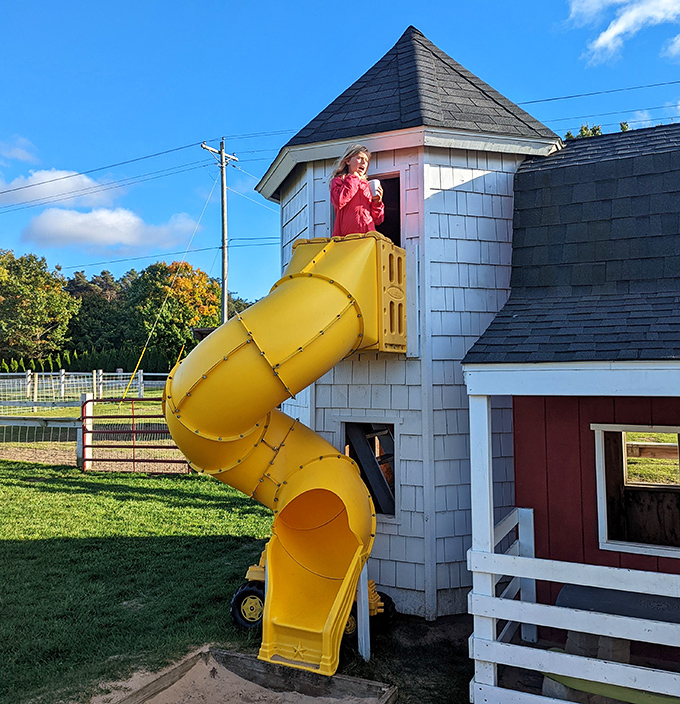 The playhouse tower and slide combo &ndash; where kids burn off energy after consuming their body weight in farm-fresh treats.