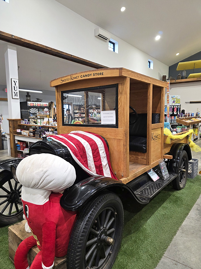 The vintage candy truck display serves as both functional counter and Instagram-worthy photo op, combining nostalgia and sweetness in one perfect package.