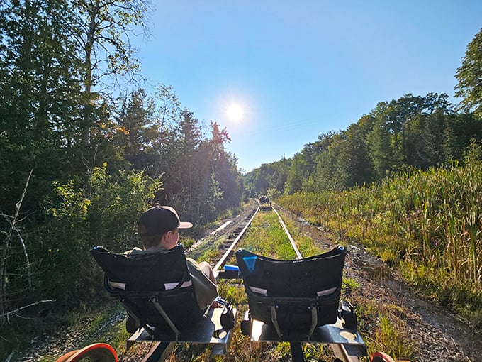 Sunlight filters through the trees, creating a magical atmosphere as rail bikers glide through Michigan's natural corridors.
