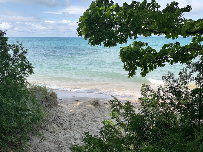 Nature frames its own masterpiece, creating the perfect window to waters so blue they seem artificially enhanced.