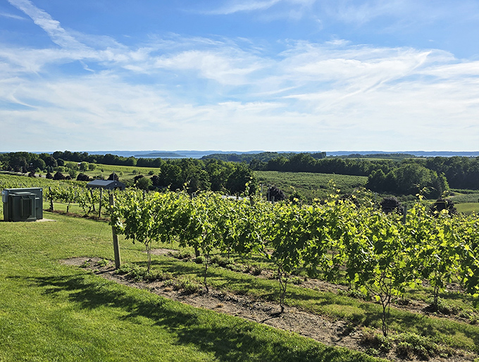 Neat rows of vines stretch toward the horizon, soaking up Michigan sunshine and the moderating effects of the surrounding waters.