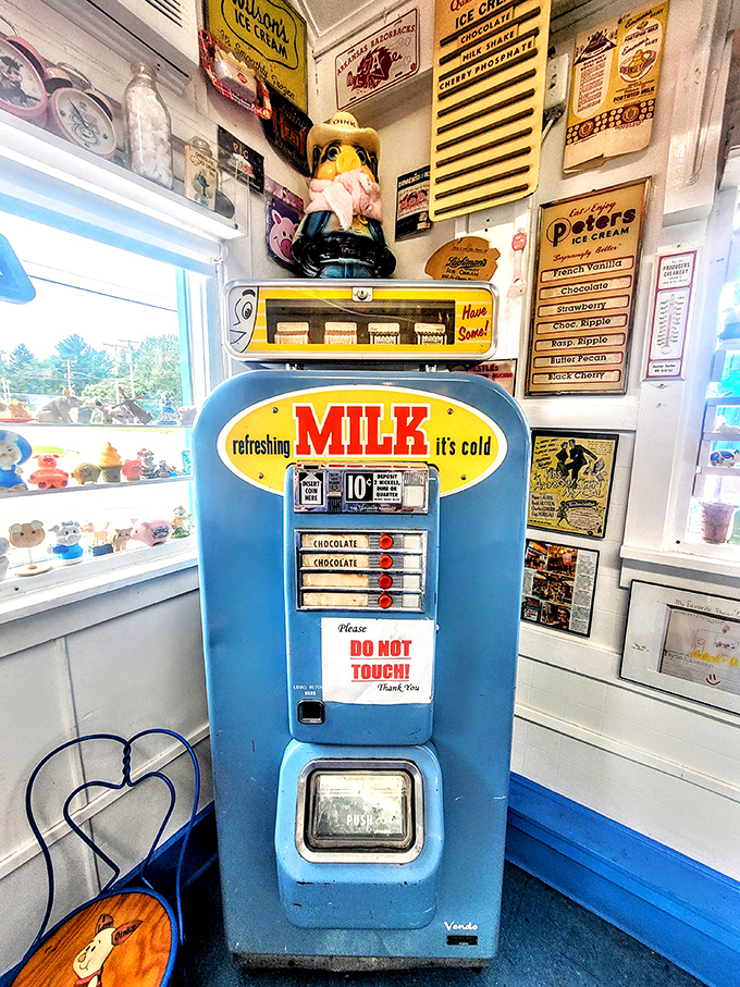 This vintage milk machine has witnessed decades of ice cream joy &ndash; a sentinel of simpler times when ten cents bought childhood happiness.