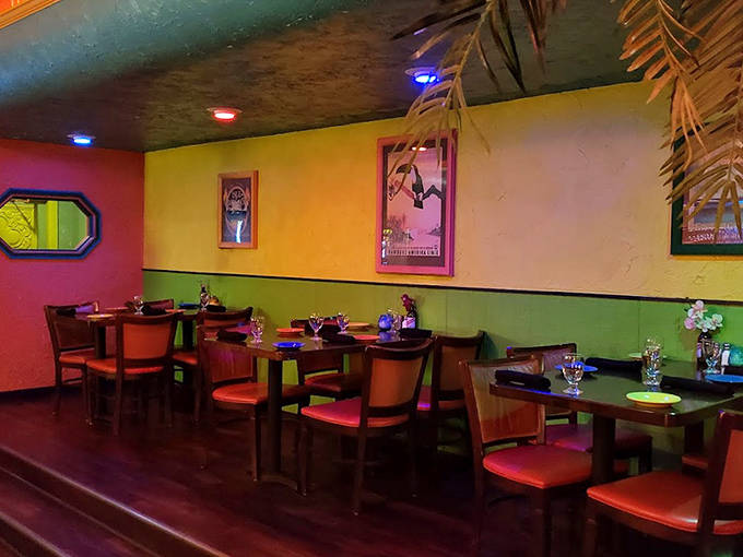 Colorful walls and warm lighting create the perfect backdrop for forgetting you're thousands of miles from the nearest palm tree.