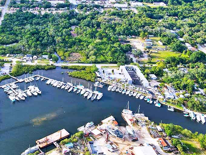 The marina's neat rows of vessels resemble a floating neighborhood, where seafaring dreams are docked until the next adventure calls.