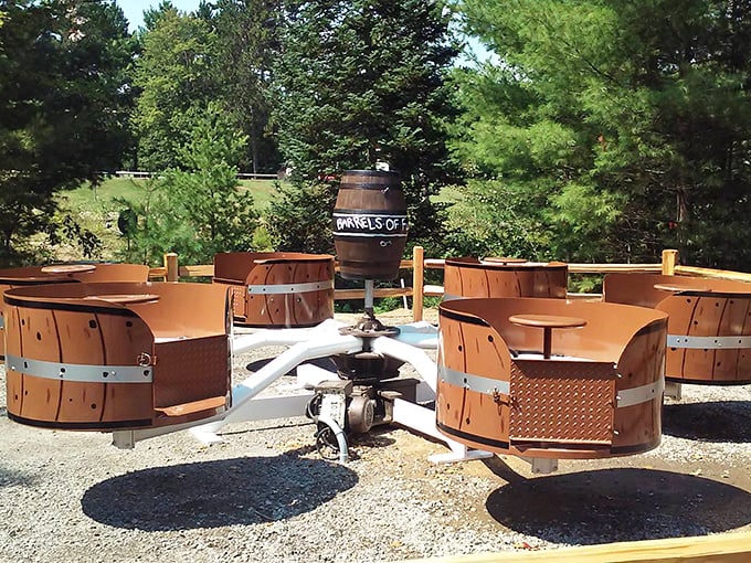 "Barrels of Fun" exemplifies Cedar Valley's philosophy perfectly &ndash; simple wooden barrels creating just enough centrifugal force for pure, uncomplicated joy. No adrenaline addiction required!
