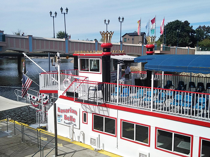 Docked and ready for boarding, the Belle promises an hour of gentle escape from the chicken dinners and cuckoo clocks of downtown Frankenmuth.