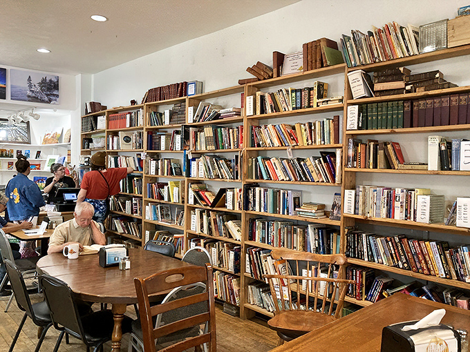 Floor-to-ceiling books creating walls of possibility, where your next favorite read is hiding between a mystery and a memoir.