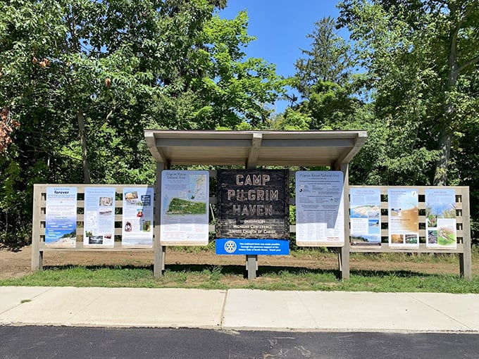 Camp Pilgrim Haven Info Display: Where history meets present day, telling stories of generations who've found solace in this special slice of shoreline.
