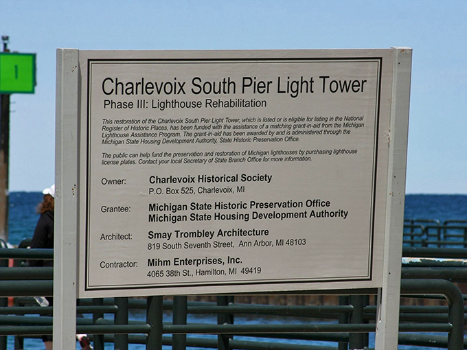 History preserved: this sign details the careful restoration of Charlevoix's beloved lighthouse, a testament to community dedication.