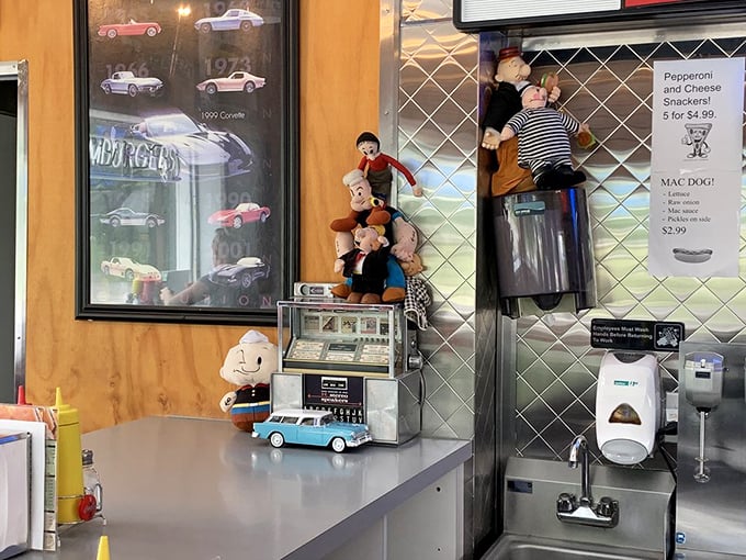 Every inch tells a story, from cartoon characters to classic car photos, the decor isn't manufactured nostalgia but authentic pieces of history.