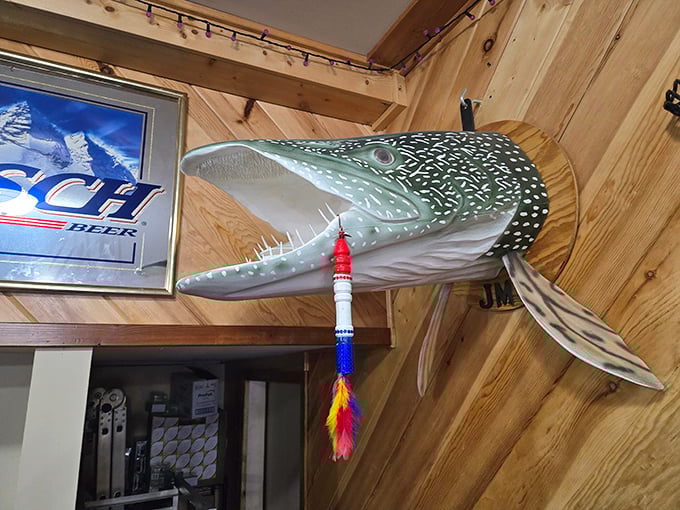 This impressive pike seems to swim eternally along the pine-paneled wall, keeping watchful eyes on hungry diners below.