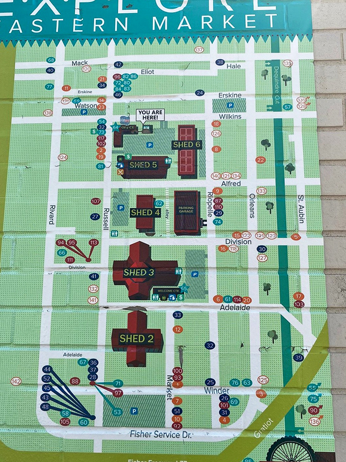 This market map reveals Eastern Market's impressive scale &ndash; a culinary treasure map where X marks delicious spots everywhere.