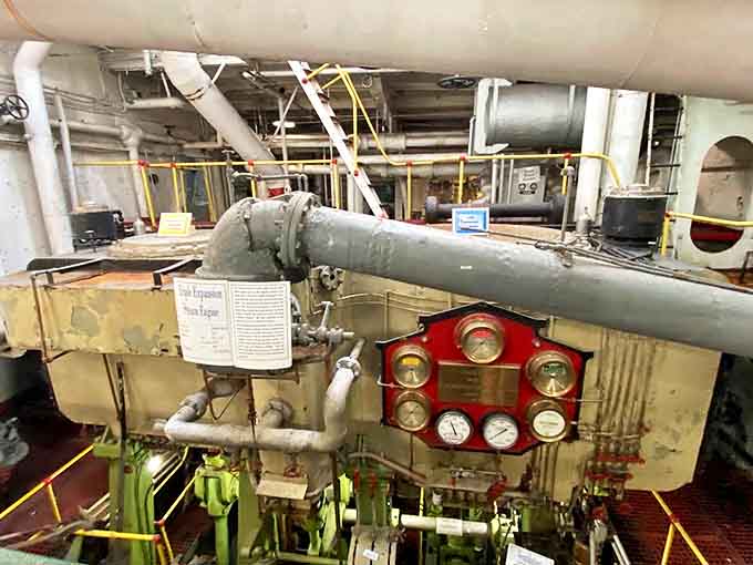 The massive engine room resembles a steampunk fantasy world, where gauges, pipes, and valves once powered this industrial giant across the lakes.