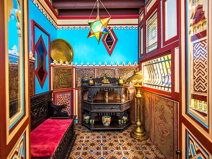 Entrance Room: Jewel-box colors and geometric precision create a space that feels like stepping into a sultan's private receiving chamber.