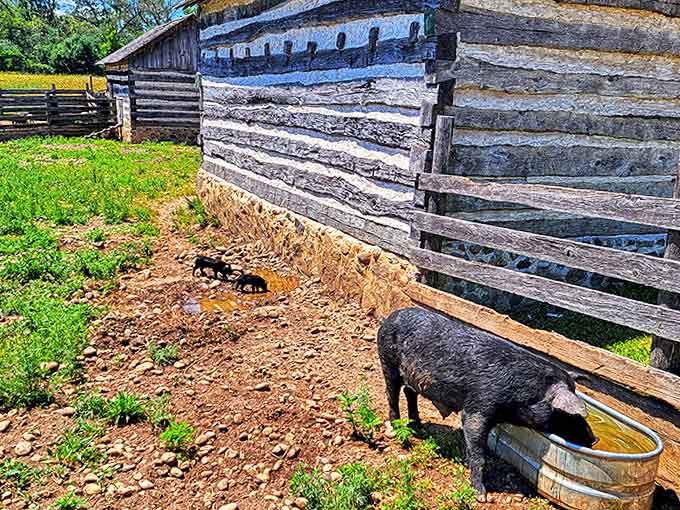 Farm pigs doing what farm pigs do best: eating, drinking, and reminding us that bacon has a backstory.