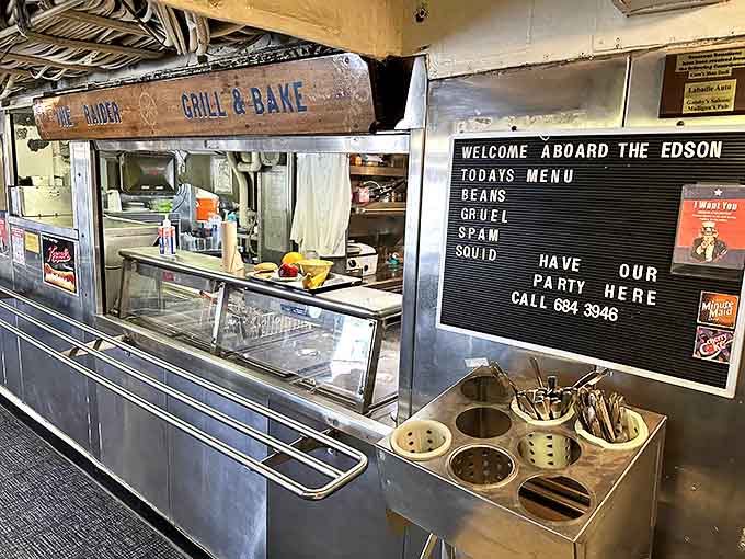 The galley's menu board still displays offerings that might raise eyebrows at your local bistro: "Beans, Gruel, Spam, Squid."