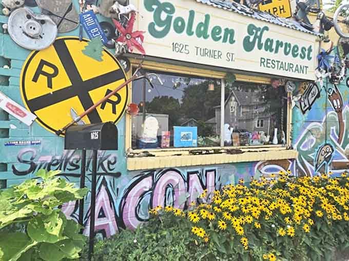 Where the "Golden Harvest" sign promises treasure inside, surrounded by enough metal to build a small car.