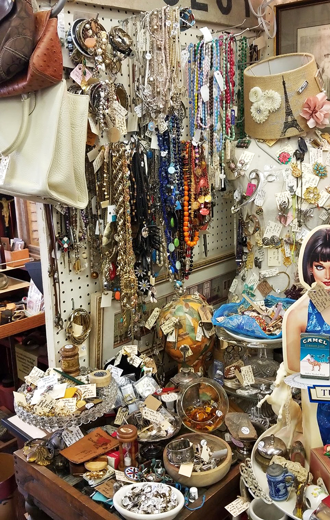 Vintage jewelry transforms a simple pegboard into a treasure chest of possibilities, where yesterday's accessories await tomorrow's special occasions.