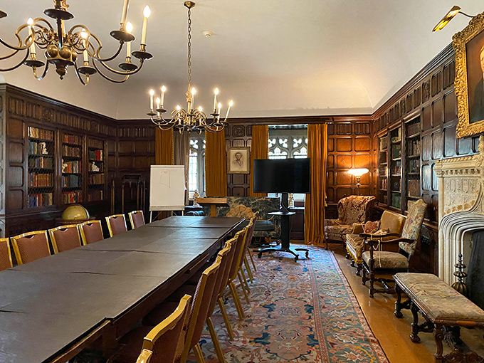 The library contains enough wood to make a lumberjack weep with joy, housing leather-bound volumes that probably haven't been opened since Herbert Hoover.