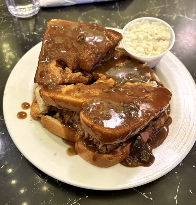 Not your mama's meatloaf sandwich (unless your mama was a culinary genius)&mdash;smothered in gravy that should be illegal in seven states.