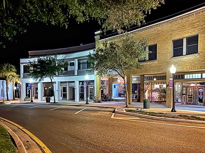 Downtown Sebring transforms after dark, with twinkling lights creating a magical atmosphere perfect for evening strolls and dining al fresco.