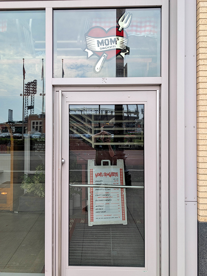 The iconic Mom's Spaghetti logo adorns the entrance, promising comfort food with attitude to all who pass through these doors.