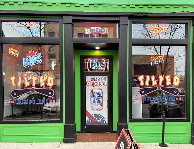 The inviting entrance with its bold signage promises a world where PBR and pinball coexist in perfect harmony.