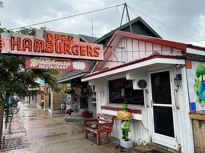 Rain or shine, that cheerful exterior and quirky hamburger mascot stand ready to welcome hungry visitors to Clare's culinary landmark.