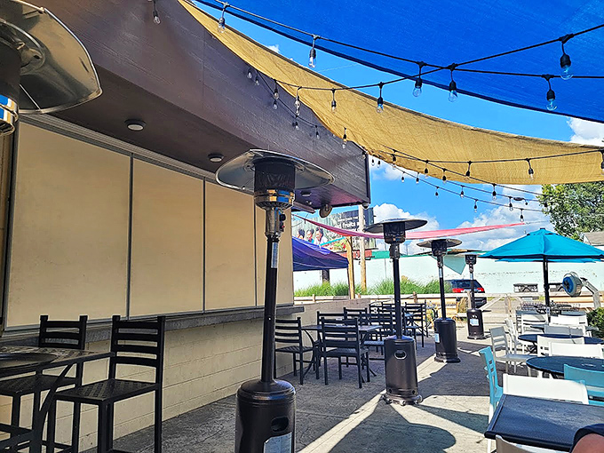 The outdoor seating area provides a perfect landing pad for enjoying Michigan's pleasant weather months with pizza and drinks in hand.