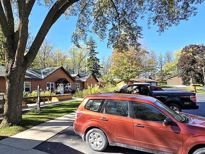 The cave's parking area and grounds offer a peaceful setting among mature trees, perfect for extending your visit.