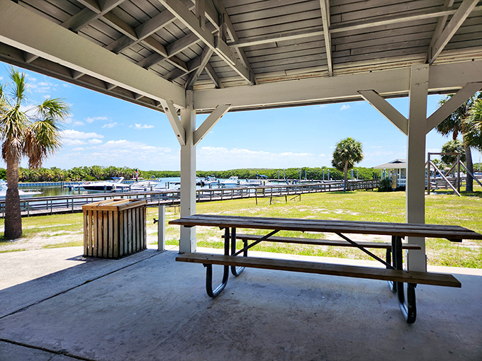 The island pavilion offers shade and seating with million-dollar views that no luxury resort could possibly improve upon.