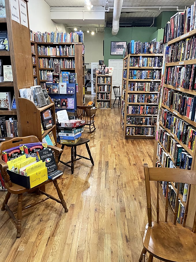 Wooden chairs invite browsers to test-drive a chapter or two before committing &ndash; the literary equivalent of kicking the tires.