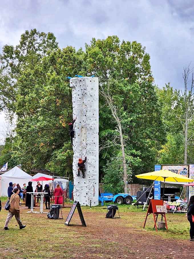 The festival's climbing wall challenges adventurous visitors to test their strength, a modern activity with medieval flair in the midst of vendor tents.