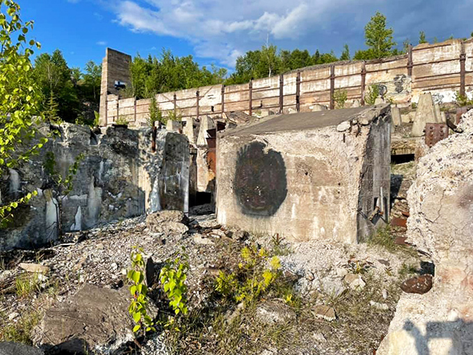 These crumbling concrete blocks once supported massive machinery, now they're just geometric puzzles for visitors to contemplate.